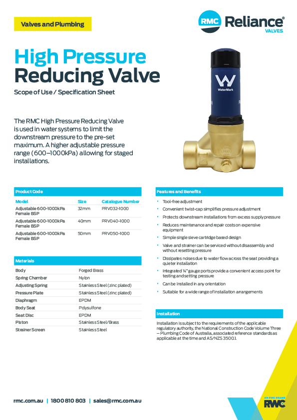 Cartridge Pressure Reducing Valves – RMC Reliance Valves