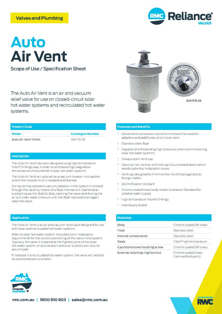 Auto Air Vent – RMC Reliance Valves