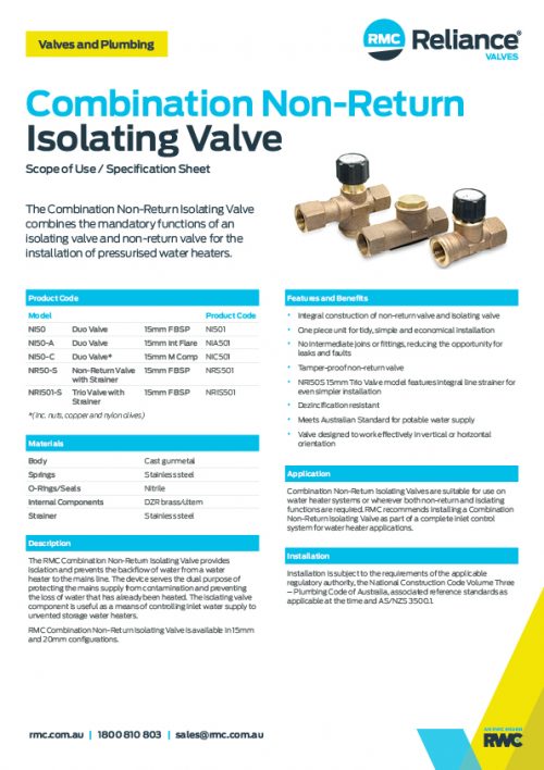 Combination Non-Return Isolating Valves – RMC Reliance Valves