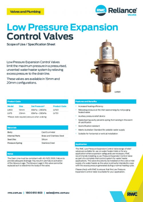 Low Pressure Expansion Control Valves – RMC Reliance Valves