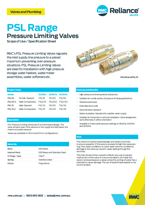 PSL Pressure Limiting Valves – RMC Reliance Valves
