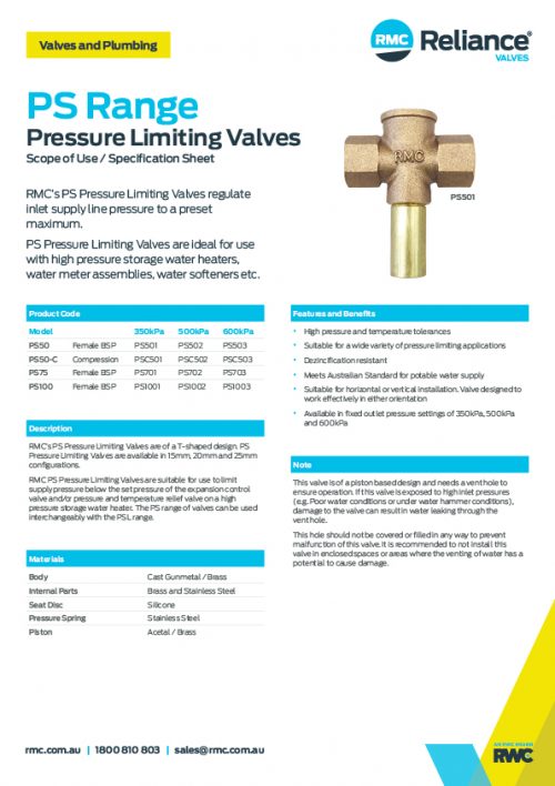 PS Pressure Limiting Valves – RMC Reliance Valves