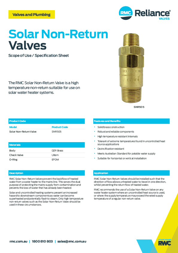 Solar Non-Return Valves – RMC Reliance Valves
