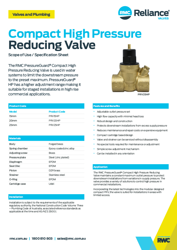 PressureGuard® Compact High Pressure Reducing Valves – RMC Reliance Valves