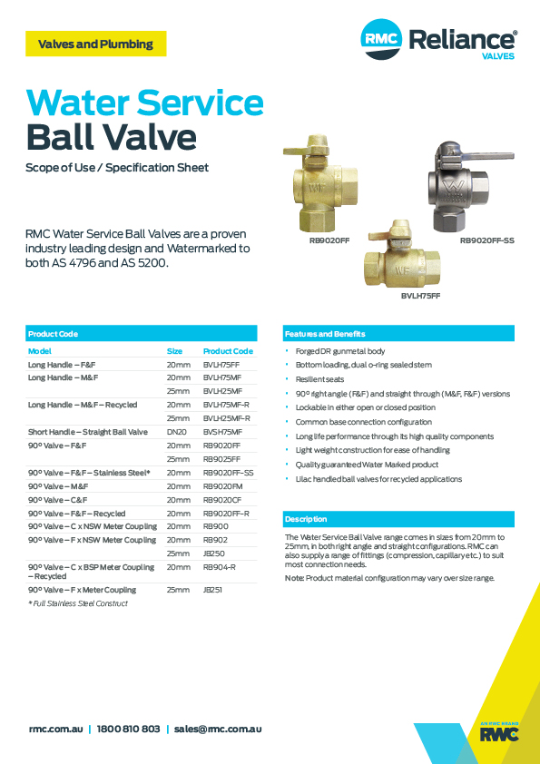 Water Service 90° Ball Valves – RMC Reliance Valves