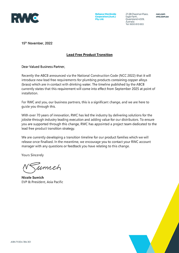 RWC Australia is transitioning to lead free – RMC Reliance Valves