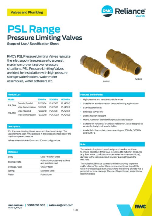 PSL Pressure Limiting Valves – RMC Reliance Valves