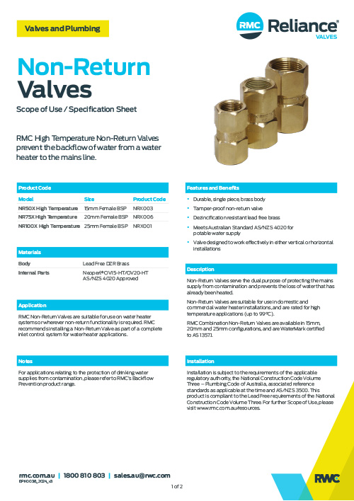 Non-Return Valves – RMC Reliance Valves